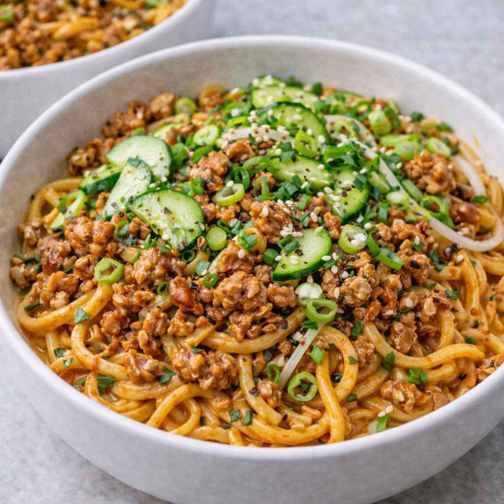 Quick Spicy Pork Noodles with Creamy Gochujang Sauce