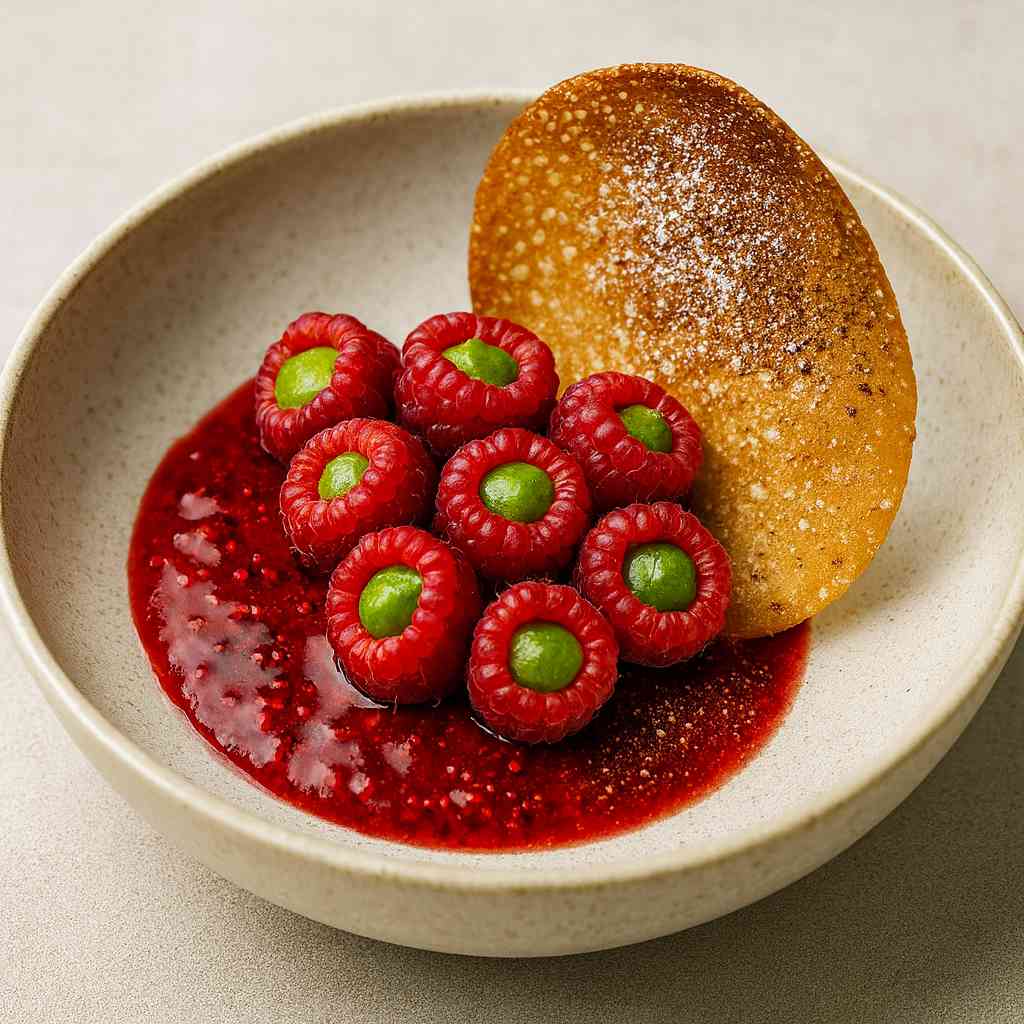 Dill Raspberries with Wafer Tuiles & Seeded Compote