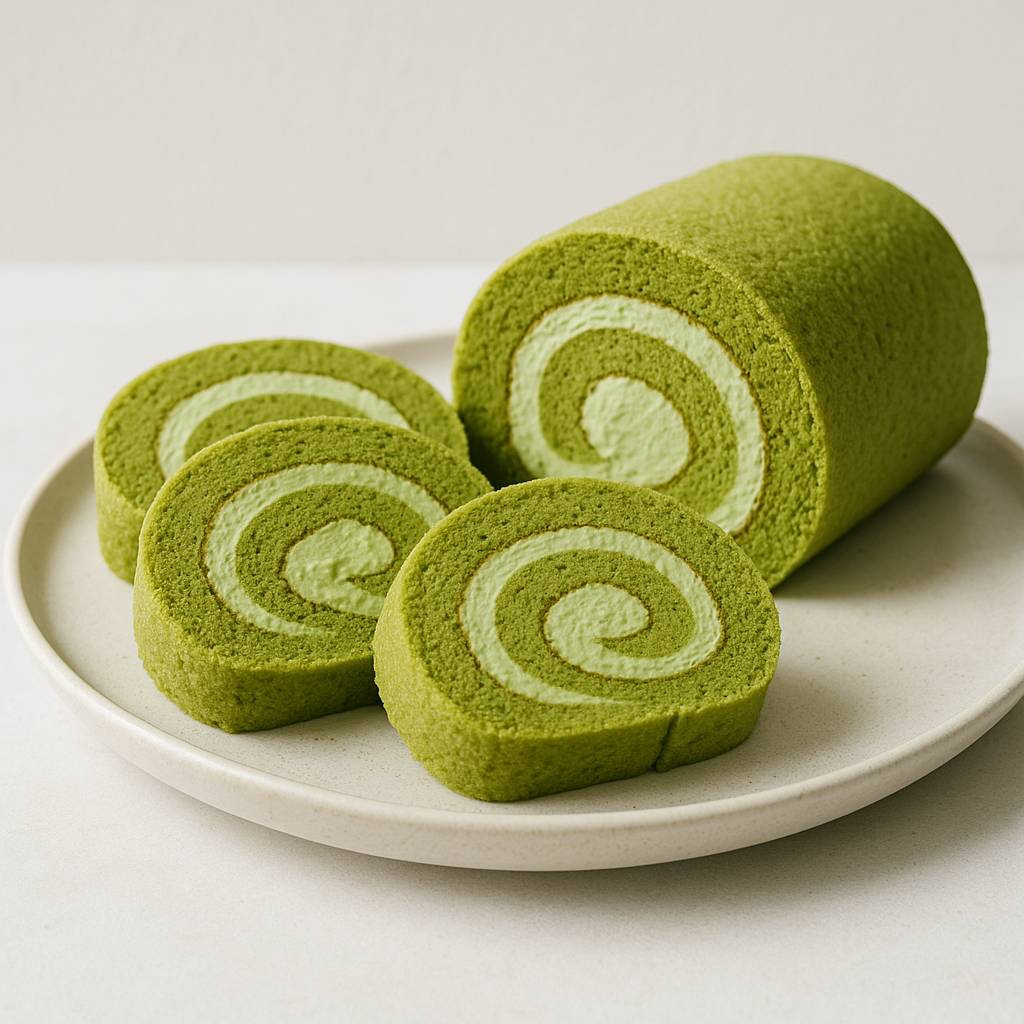 Fluffy Matcha Roll Cake with White Chocolate Cream