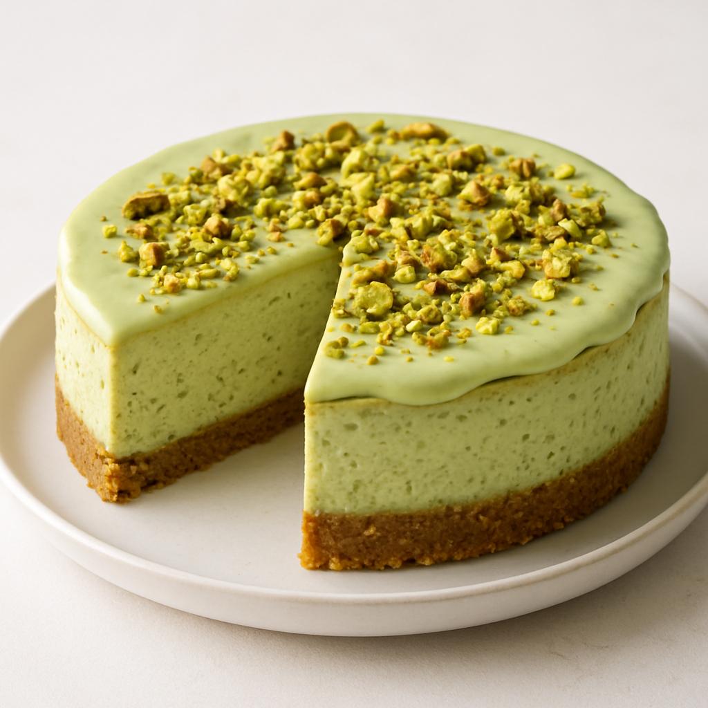 Creamy Pistachio Cheesecake with White Chocolate Ganache
